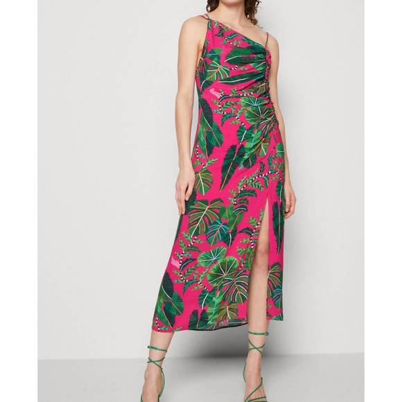 FARM Rio | Dresses | New Farm Rio Pink Leaves Midi Dress In Pinkgreen ...